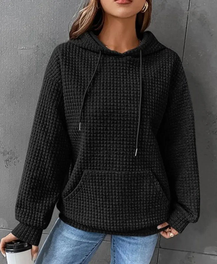 Solid Waffle Kangaroo Pocket Hoodie Casual Long Sleeve Temu