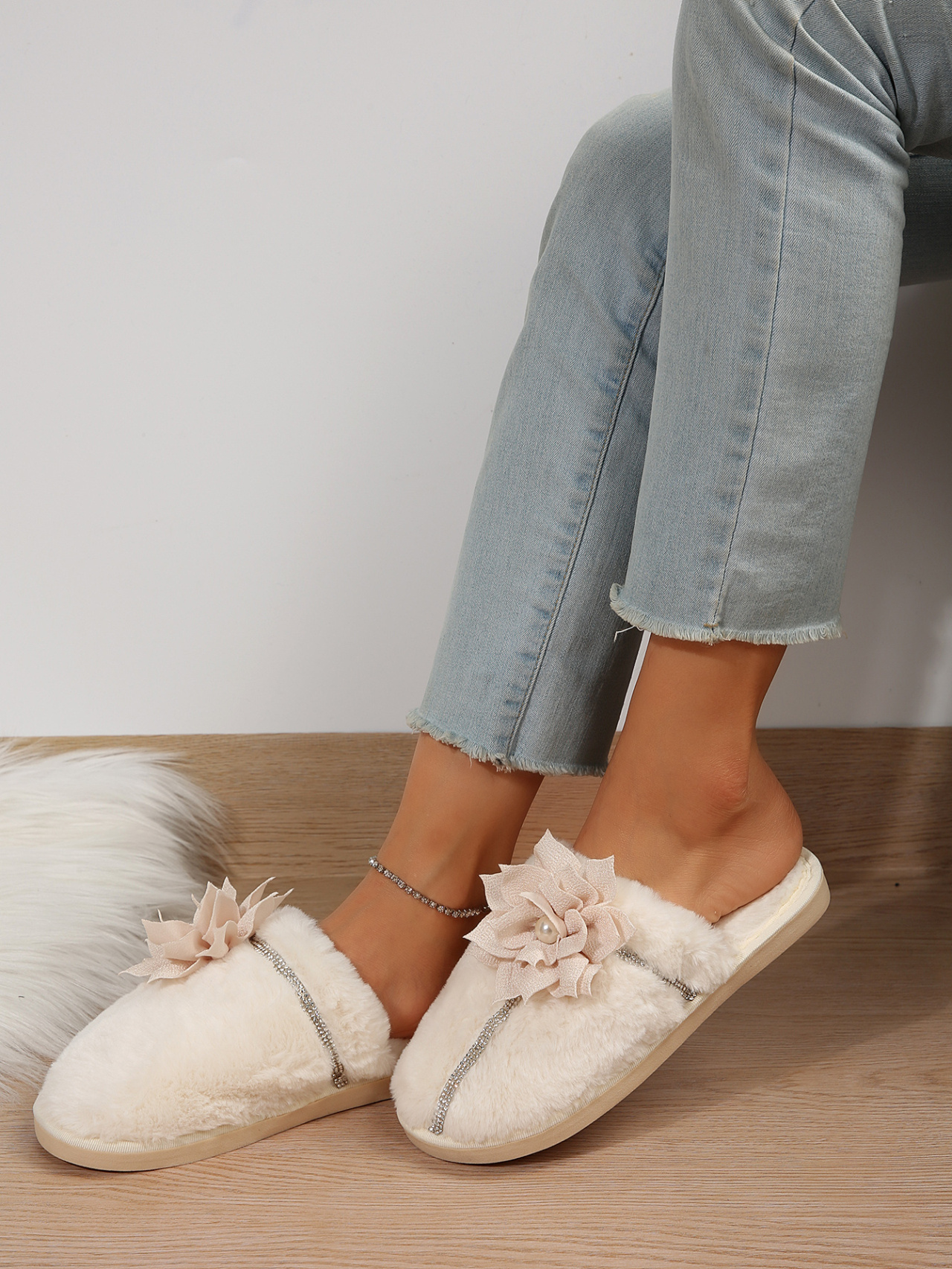 Cute Big Flower Decor Slippers Casual Slip Plush Lined Shoes - Temu New ...