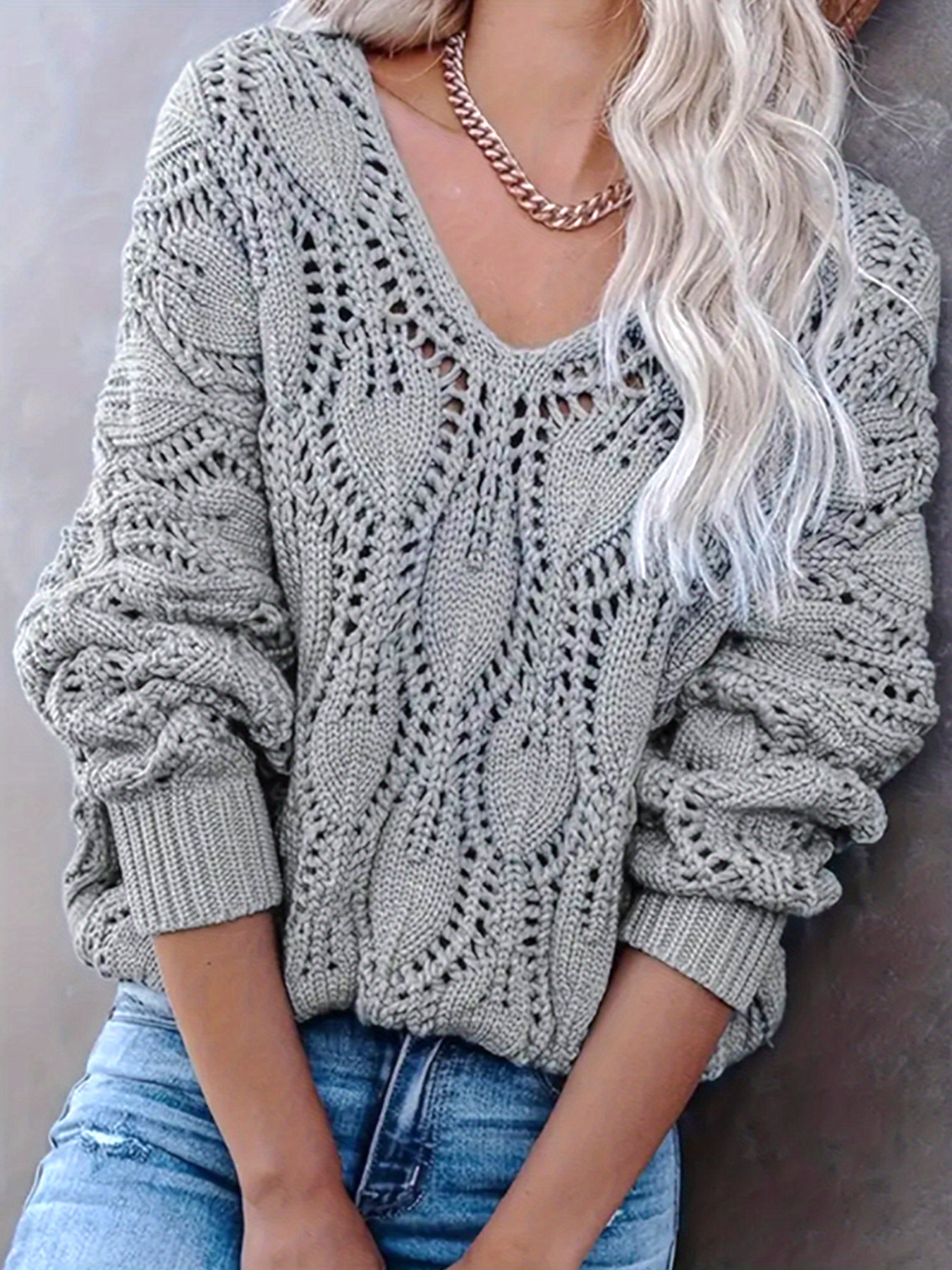 Cut V Neck Sweater Casual Long Sleeve Sweater Fall Winter - Temu Canada