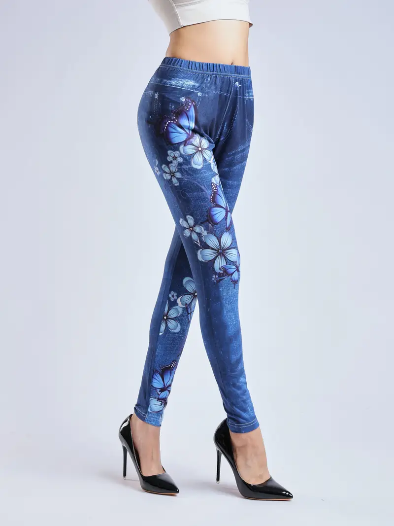 Floral Butterfly Denim Print Leggings Casual Every Day Temu