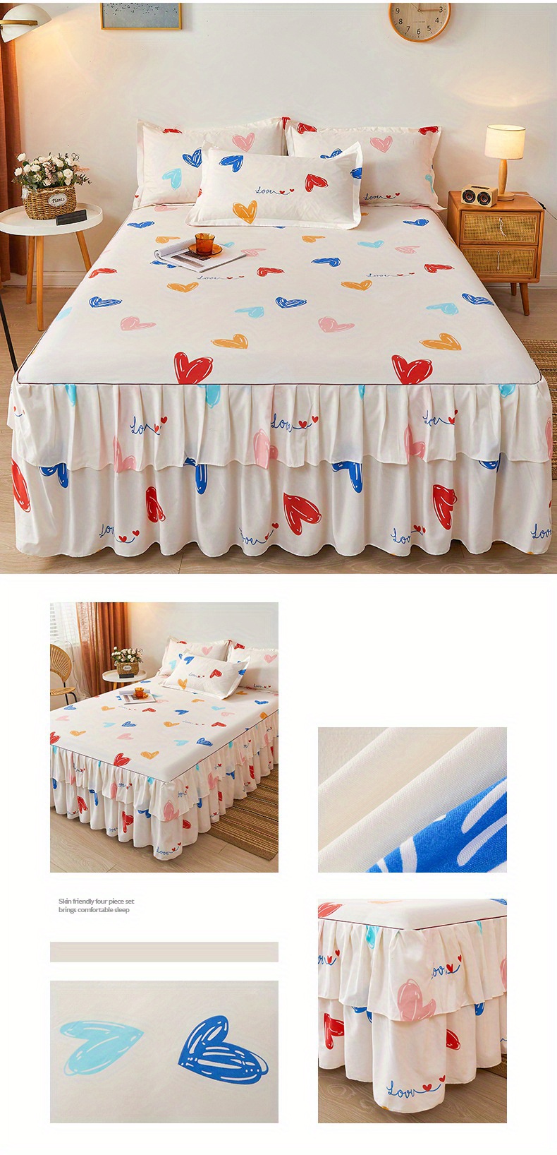 3pcs fresh macrame bed skirt set love flower printed universal non slip ...