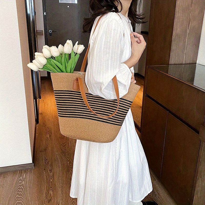 Large Capacity Straw Woven Bag Colorblock Beach Bag Bohemian - Temu ...