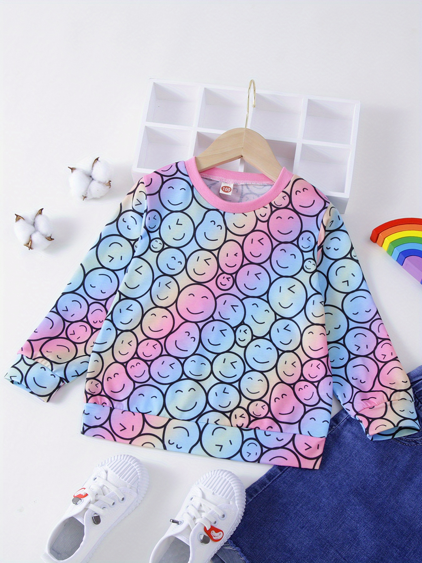 Tie Dye Smile Face Allover Graphic Girls Crew Neck Top Casual Long ...