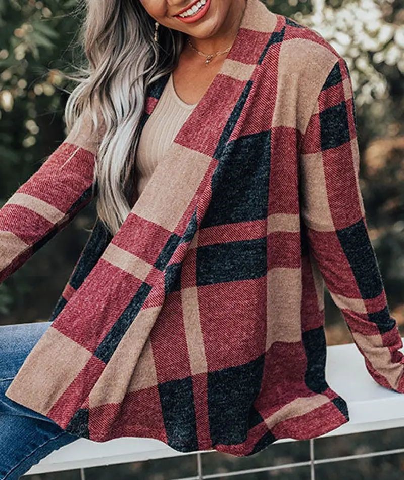 Plus Size Casual Coat Women's Plus Plaid Print Long Sleeve - Temu Australia