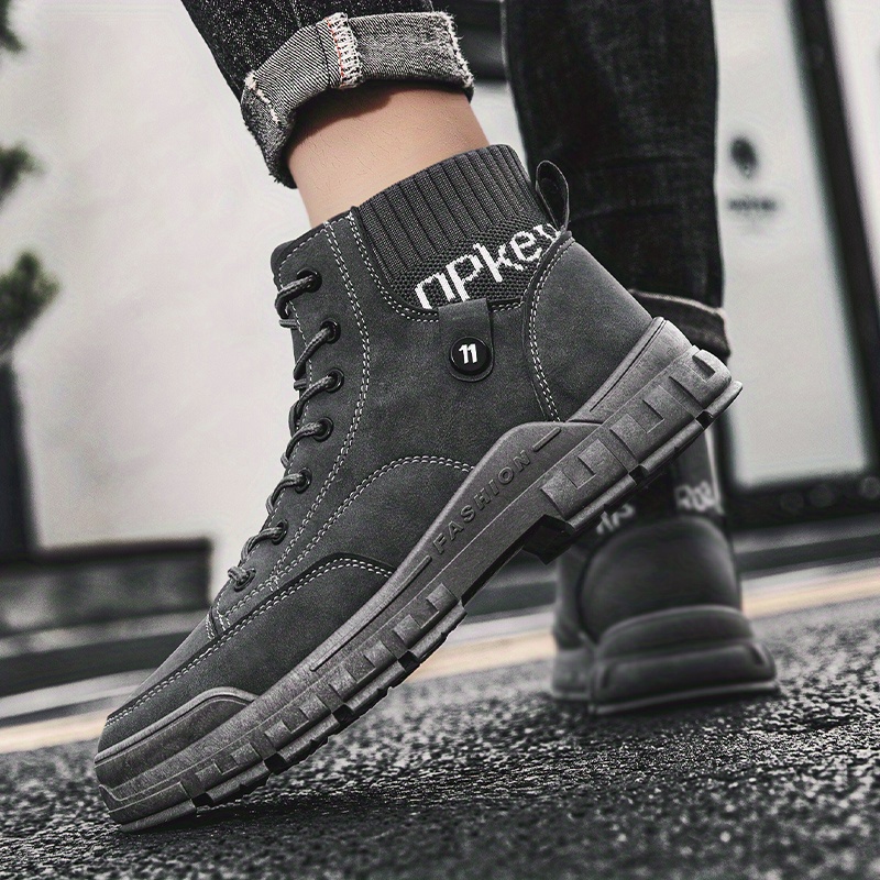 Men's Solid High Top Boots, Classic Non Slip Comfy Lace Up Pu Leather ...