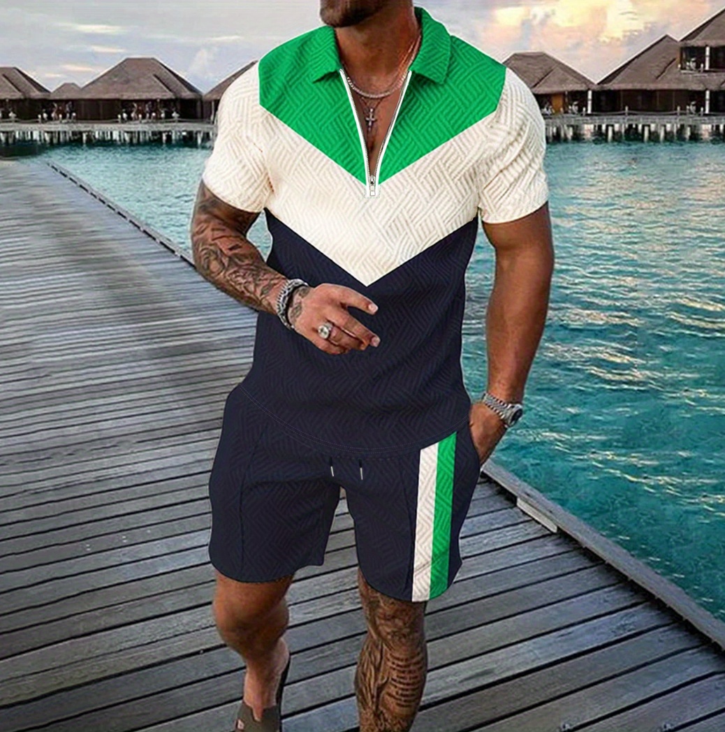 Color Block Men's Outfits Shorts Set Casual Short Sleeve - Temu United ...