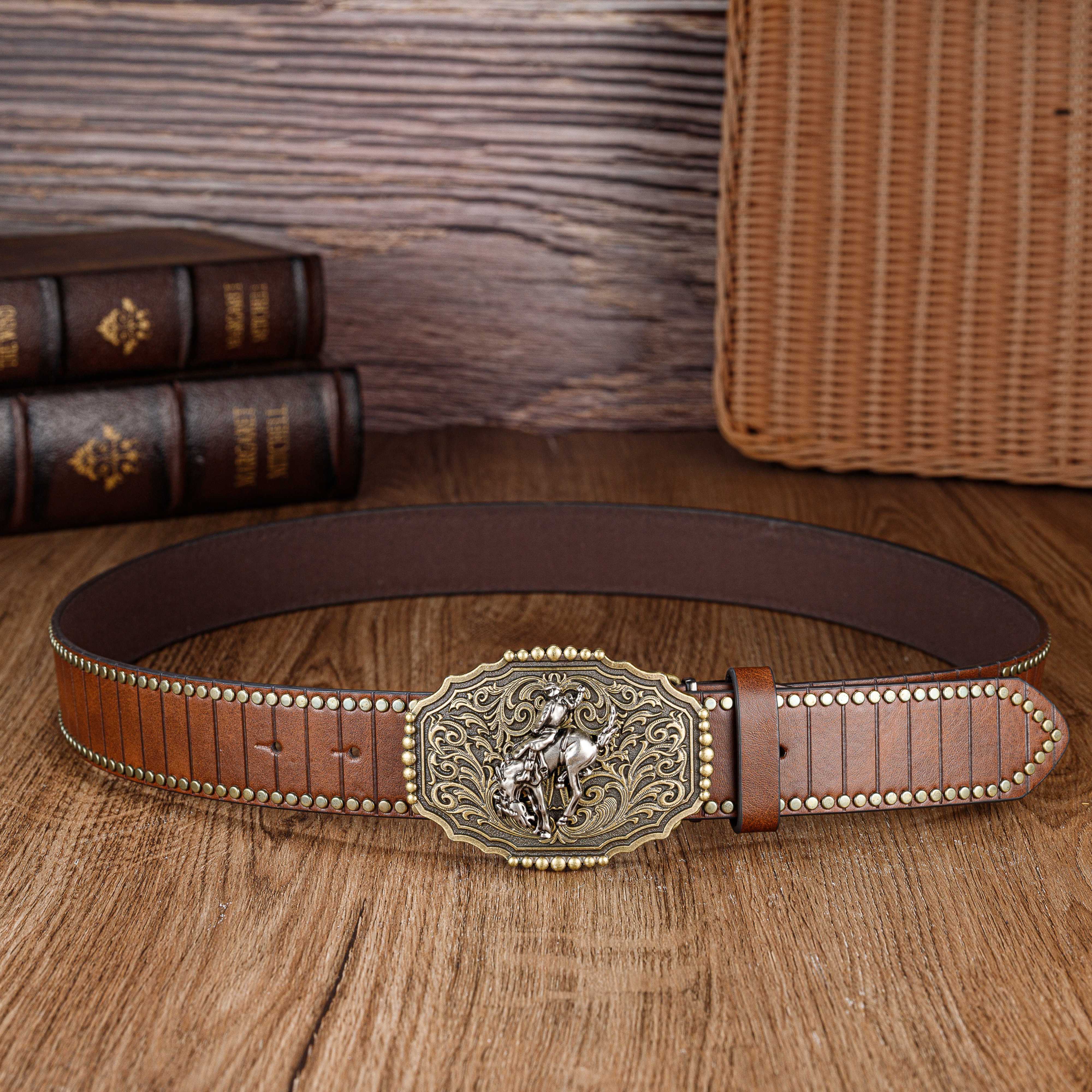 flower pattern riding horse rivet pu leather belt retro mens belt ...