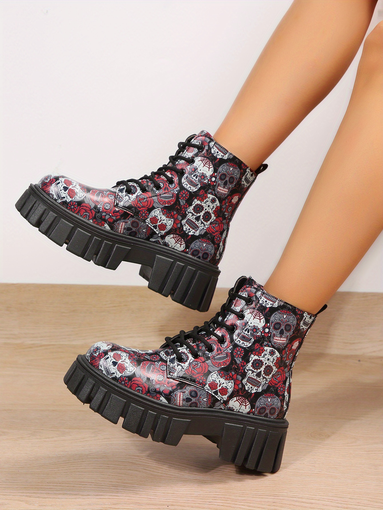 Women's Skull Rose Print Combat Boots Halloween Round Toe - Temu Norway