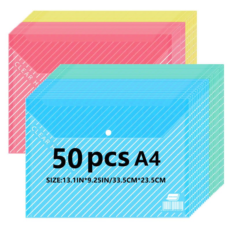 50個 複数の色 ストライプデザイン 透明テープボタン A4封筒サイズ 防水 収納袋 家庭 学校 オフィス 学生の文書収 Region
