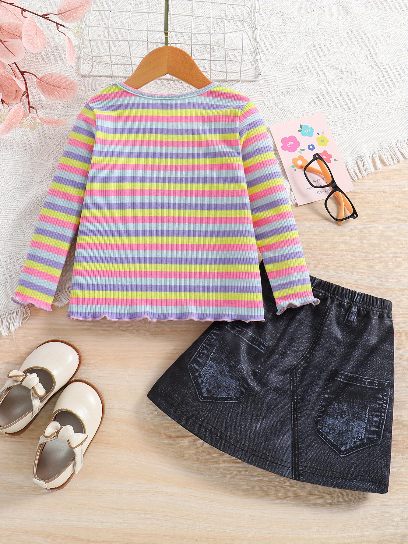Girls Rainbow Stripe Top Trendy Denim Skirt - Temu South Africa