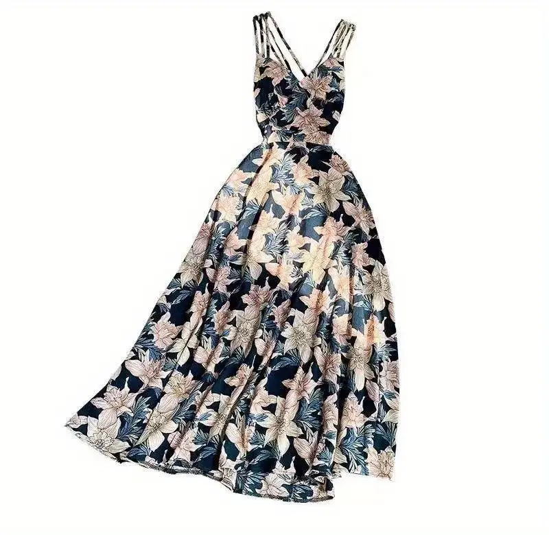 Floral Print Spaghetti Strap Dress Boho V Neck Backless Midi Temu New