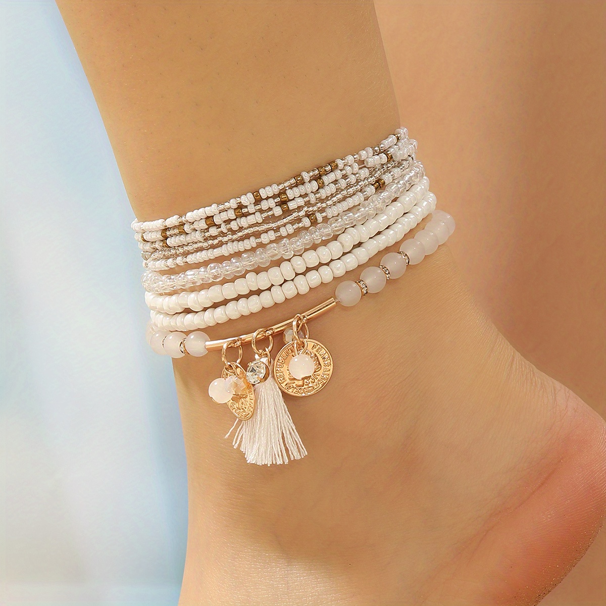 Beads Beaded Anklet Set Stackable Boho Style - Temu Australia