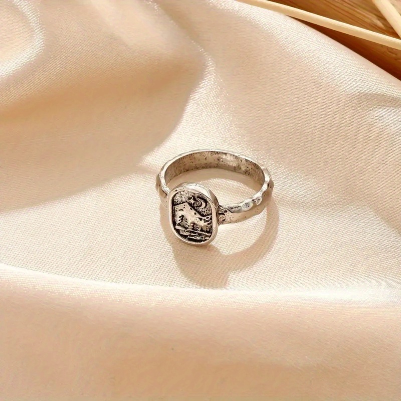Gothic Vintage Silvery Star Moon Mountain Tree Pattern Ring, Bohemian ...