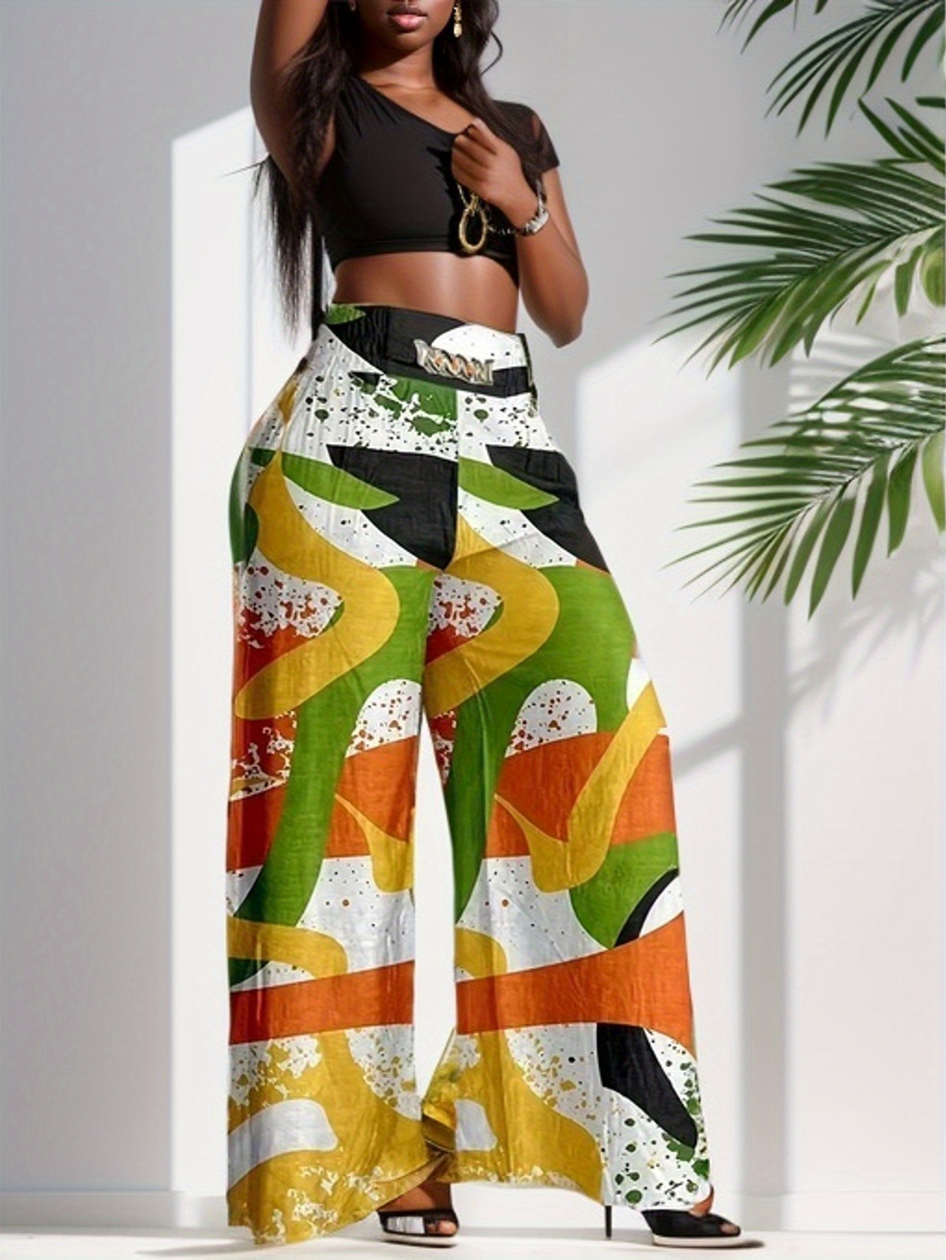 Abstract Print High Waist Pants Boho Wide Leg Chain Pants Temu