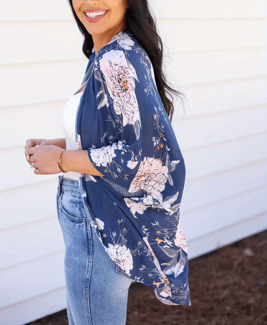 Floral Print Open Front Cardigan Casual 3/4 Sleeve Loose Top - Temu ...