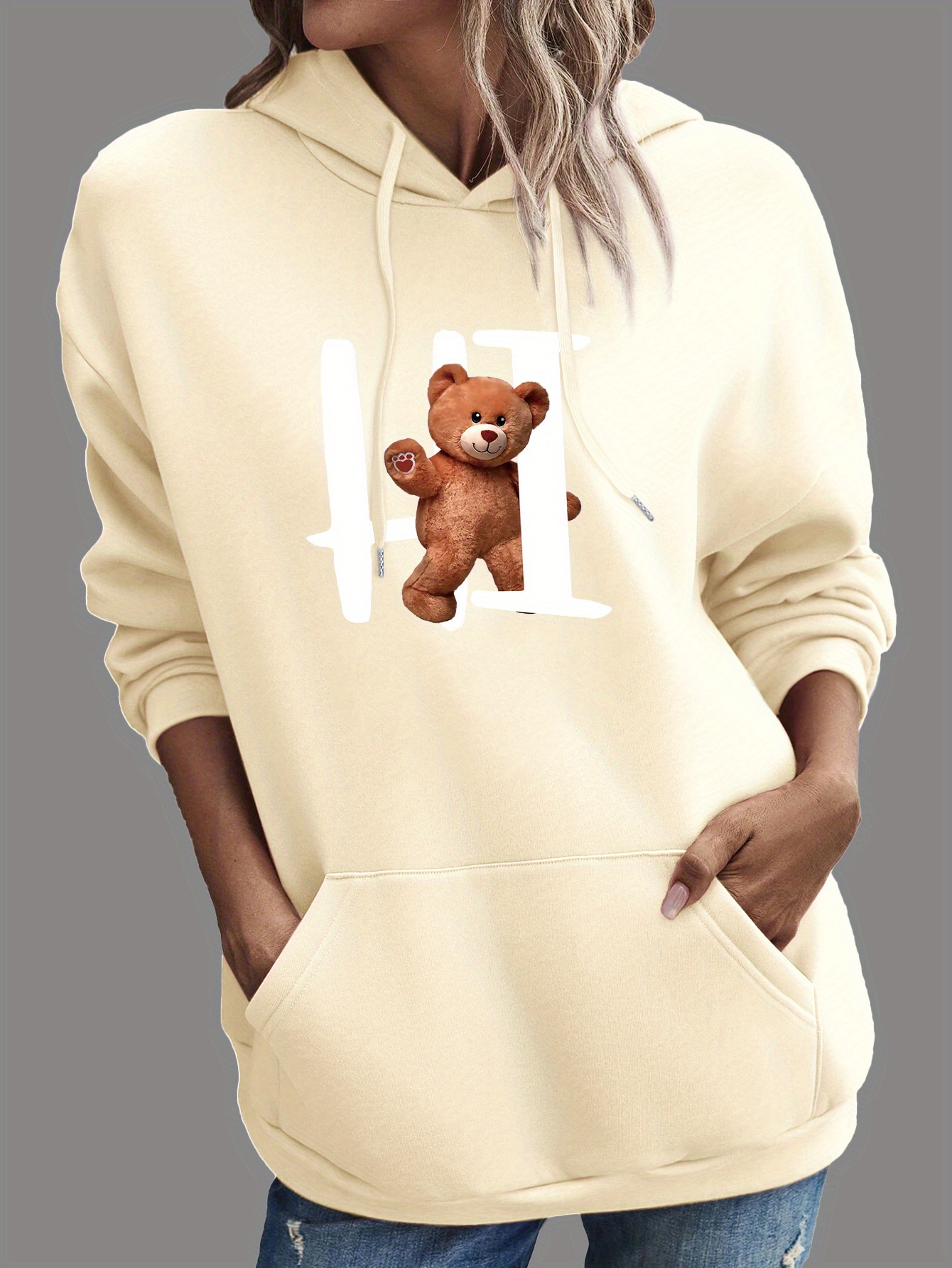 Bear Print Drawstring Hoodie Casual Long Sleeve Pocket - Temu Philippines