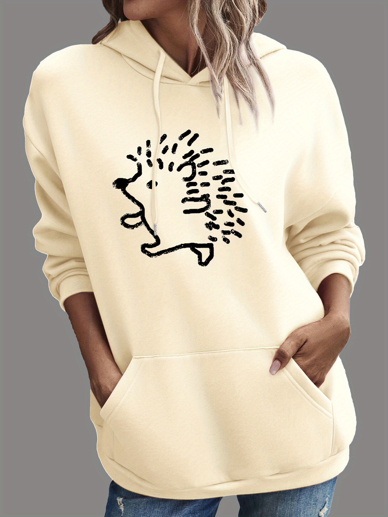 Cute Animal Print Hoodie Casual Drawstring Kangaroo Pocket - Temu Norway