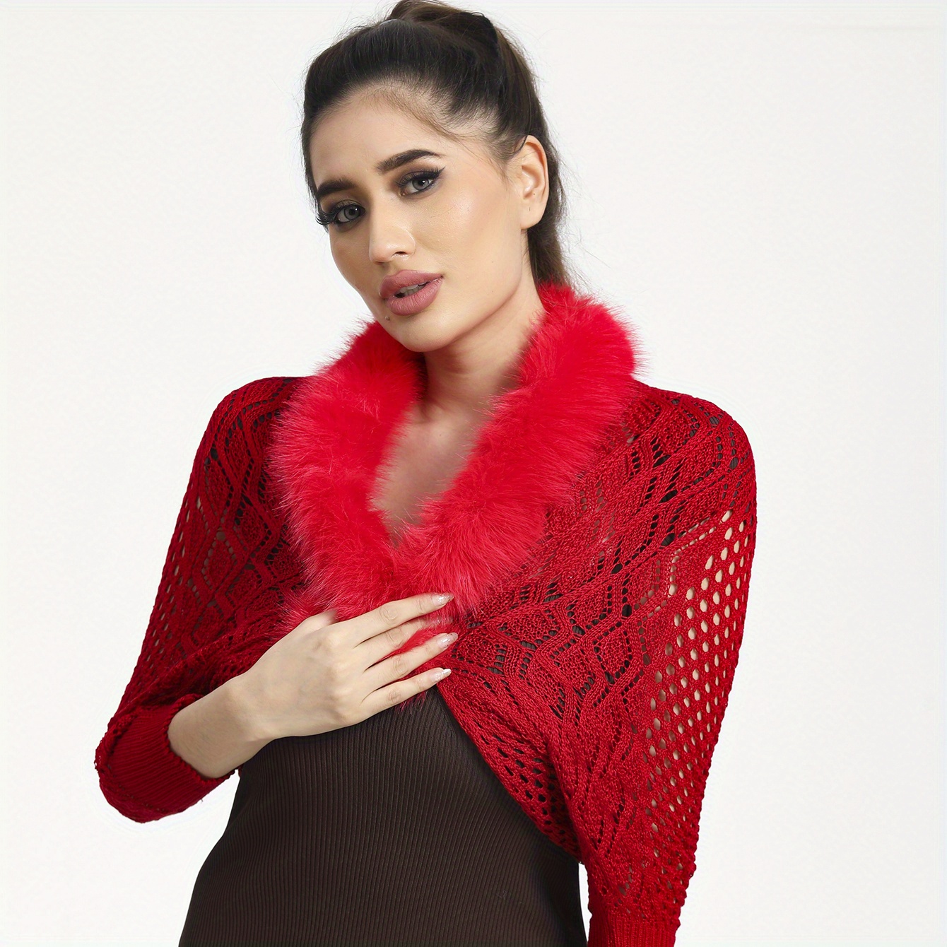 fur collar shawl soft plush knitted hollow mesh wrap - Temu Canada