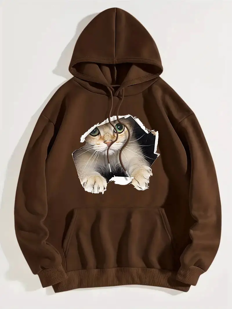 Cute Cat Print Hoodie Casual Drawstring Kangaroo Pocket Temu Norway