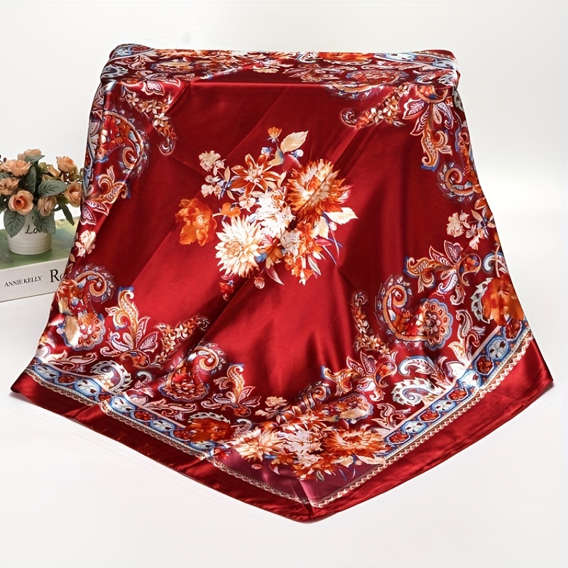 Stylish Flower Print Square Scarf Vintage Elegant Silk - Temu United ...
