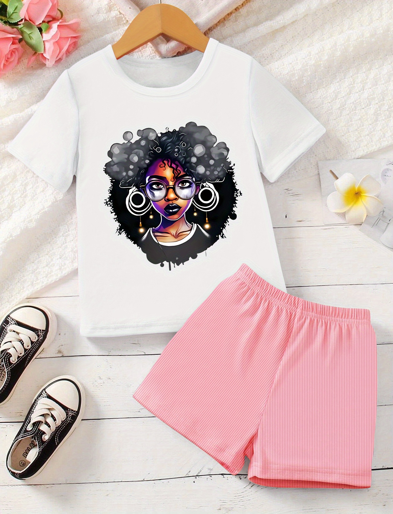 Anime Glasses Girl Pattern Outfit T shirt Shorts Set Kid's - Temu Norway