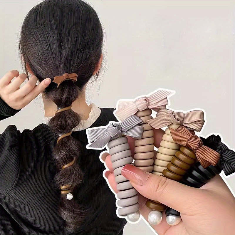 1pc Plastic Bow Hair Ties Telephone Wire Hairbands High Seamless Spiral ...