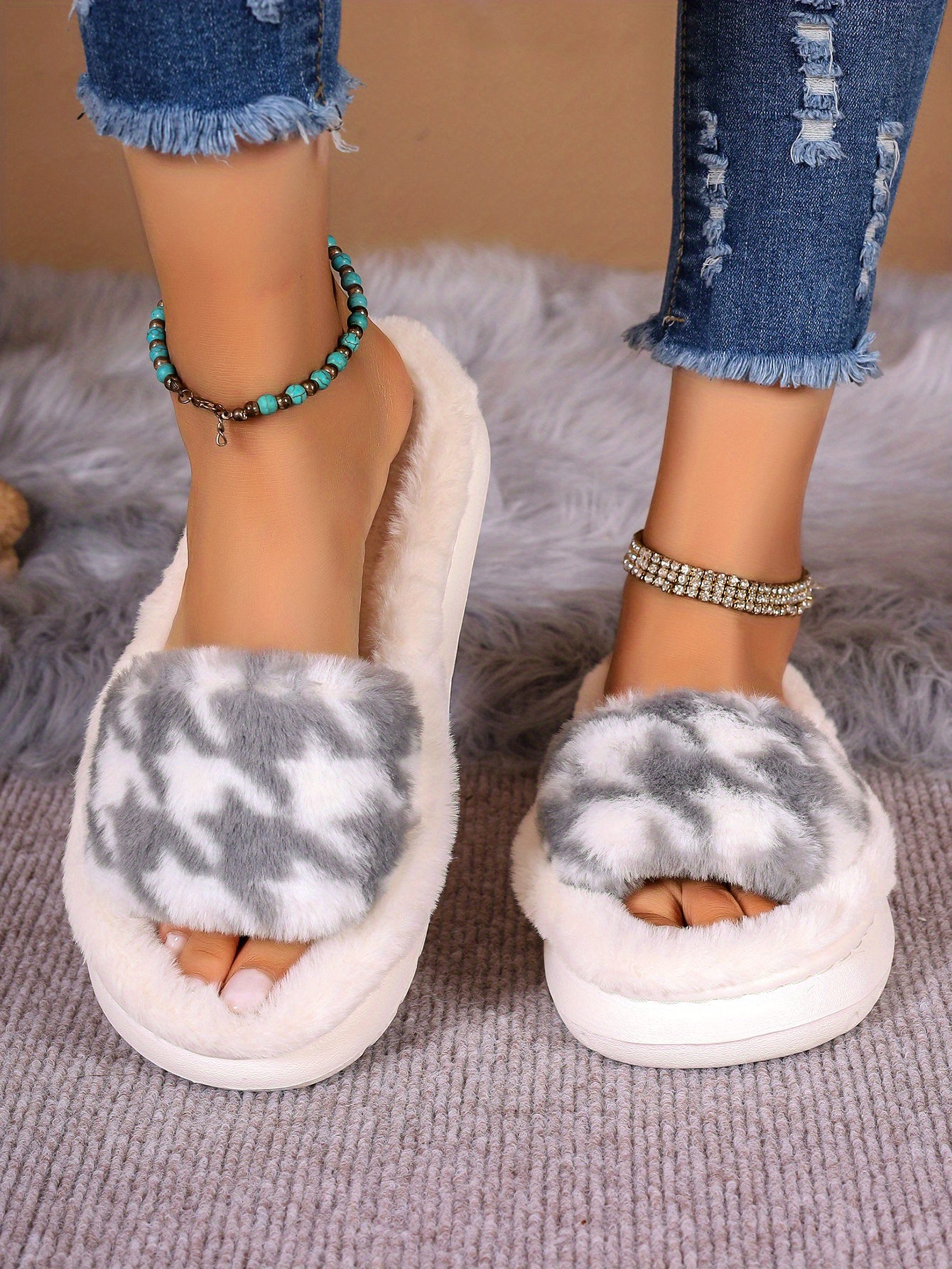 Colorblock Fluffy Home Slippers Slip Soft Sole Platform Non - Temu ...