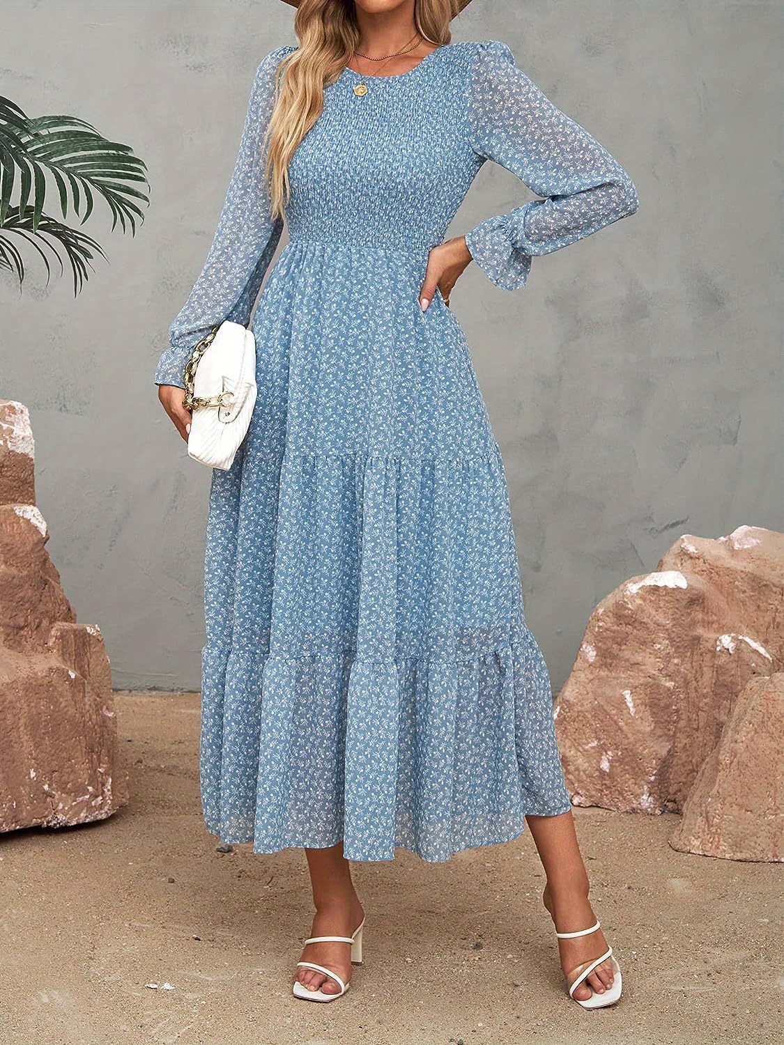 Ditsy Floral Print Dress Boho Tiered Crew Neck Long Sleeve D - Temu Japan