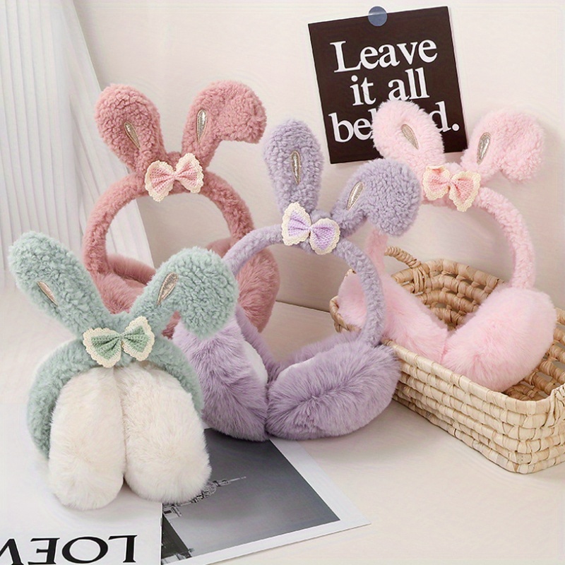 Cute Rabbit Ears Foldable Earmuffs Bowknot Decor Solid Color - Temu ...