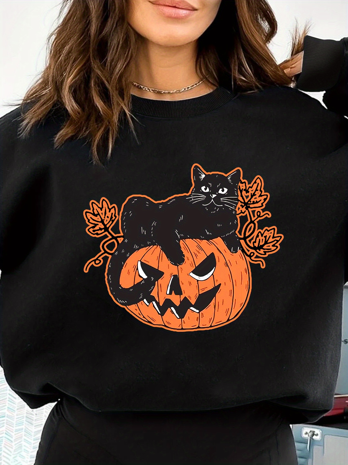 Halloween Pumpkin Cat Print Sweatshirt Casual Long Sleeve - Temu New Zealand
