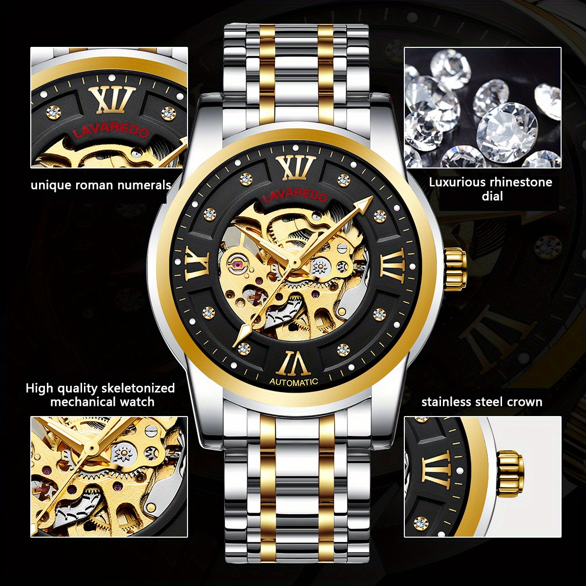 mens mechanical digital time display watch with stainless steel strap ...