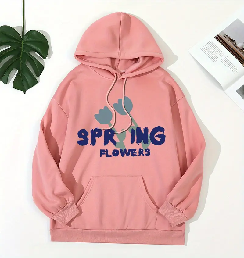 Spring Flower Print Loose Hoodie Versatile Drawstring Temu Australia
