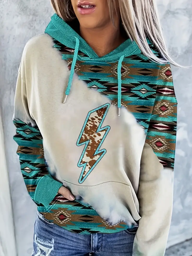 Western Ethnic Print Kangaroo Pocket Hoodie Casual Long Temu United