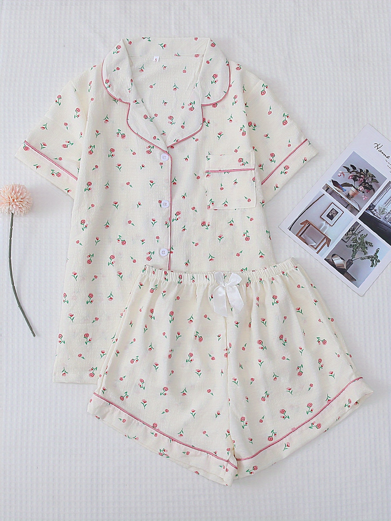 Floral Print Pajamas Set Short Sleeve Buttons Top Bow Shorts - Temu Canada