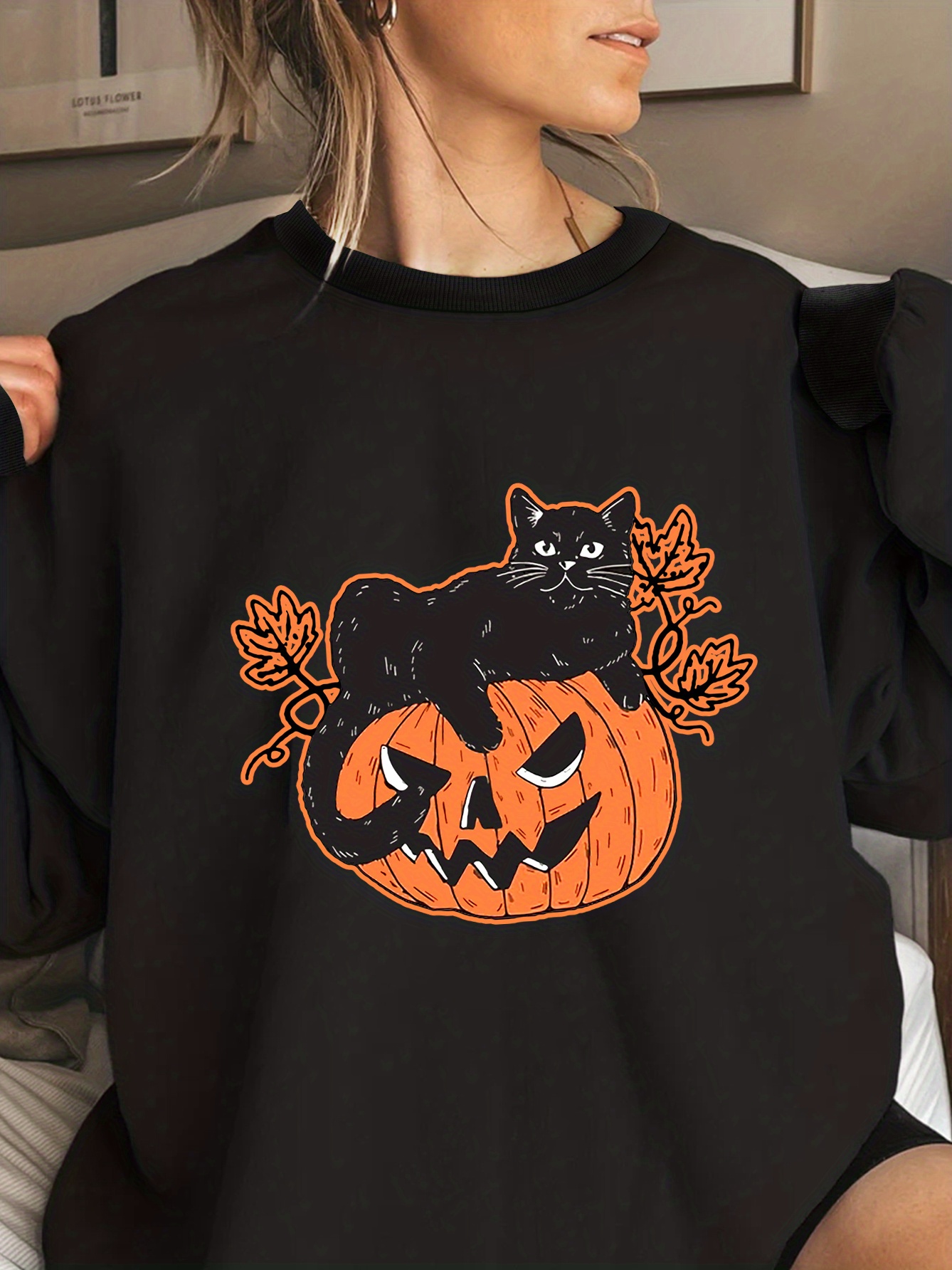Halloween Pumpkin Cat Print Sweatshirt Casual Long Sleeve - Temu Ireland