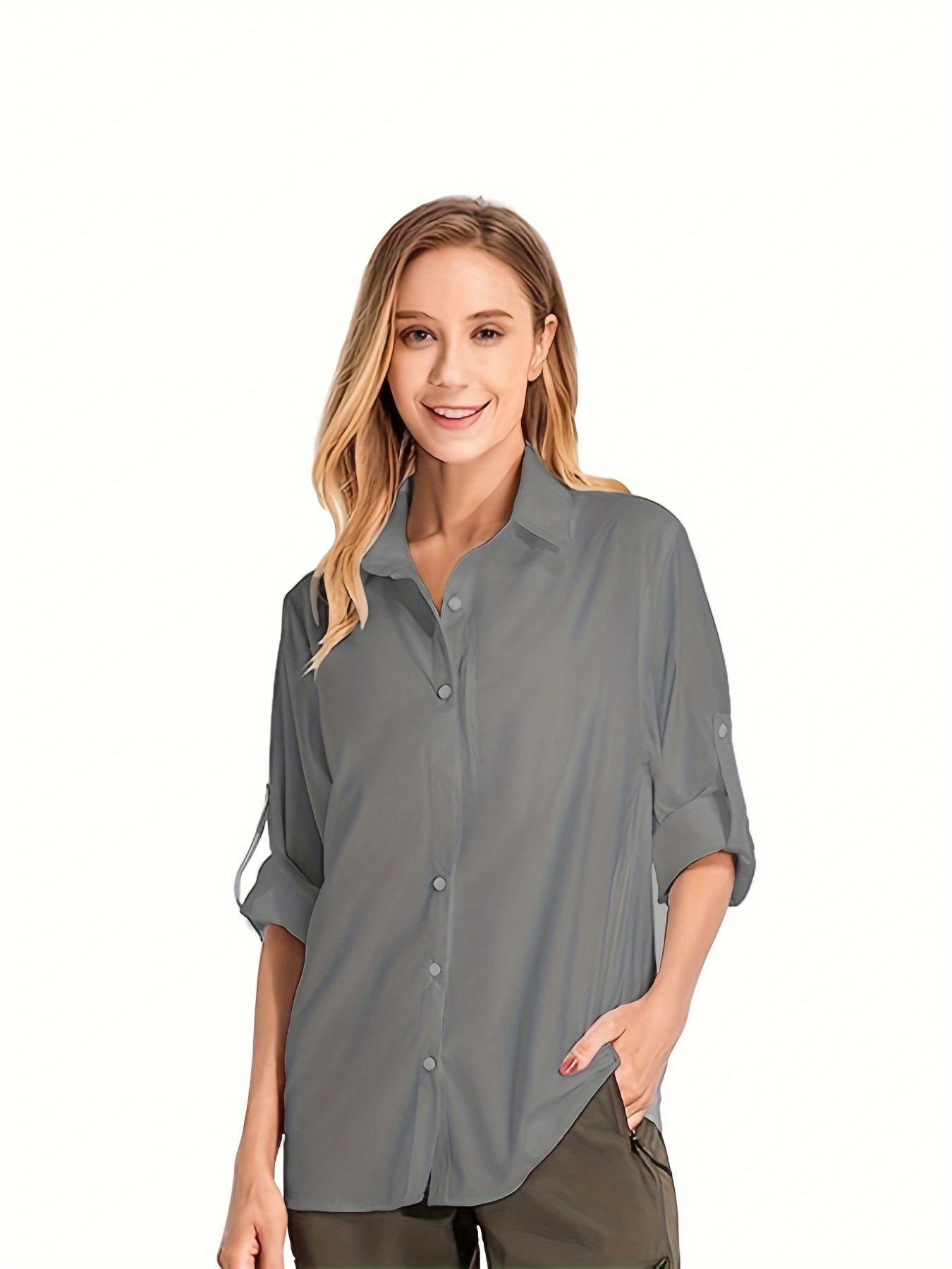 Solid Button Front Simple Shirt Versatile Long Sleeve Shirt - Temu ...