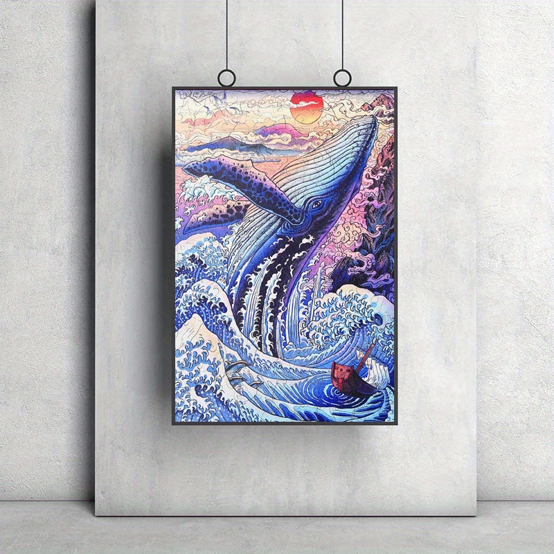 1ピース ヴィンテージアートキャンバスペインティング、和風シートヘッドクジラ海の波の絵画キャンバス 、アートワーク壁画、バスルーム、ベッド