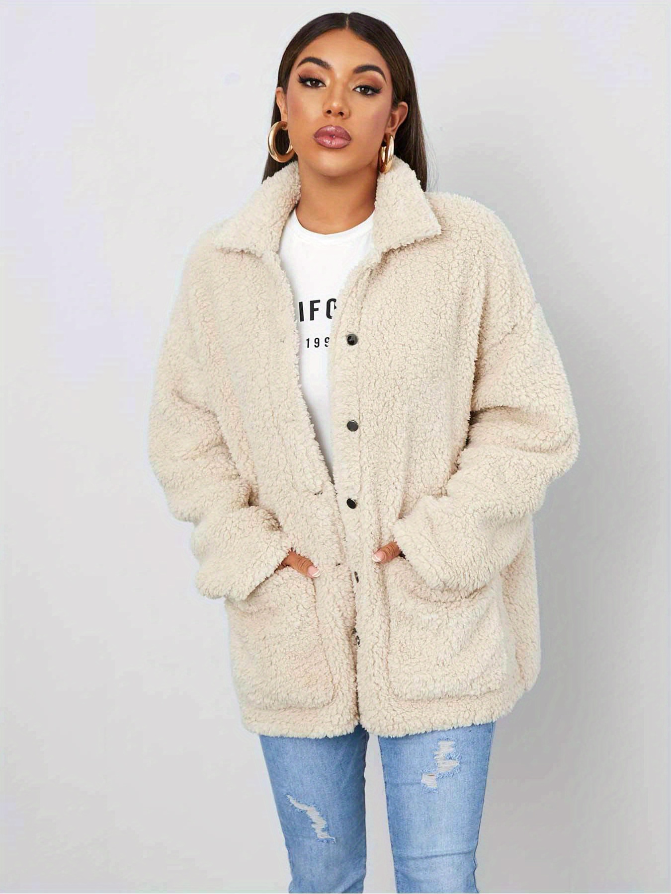 Solid Warm Teddy Coat Casual Button Front Long Sleeve Winter - Temu United