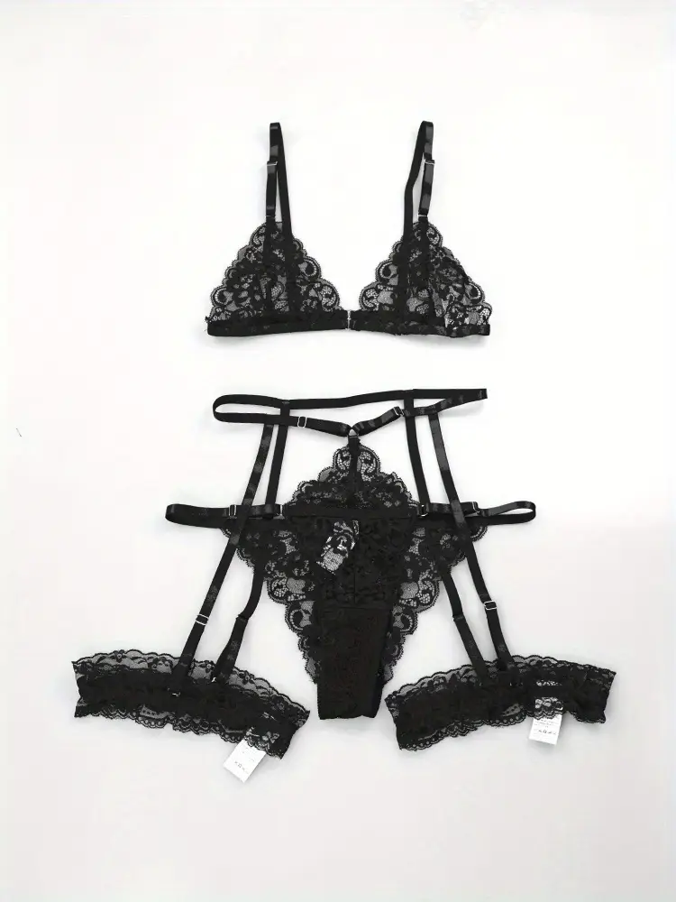 Sexy Floral Lace Lingerie Set Sheer Lace Bra Garter Belt G Temu