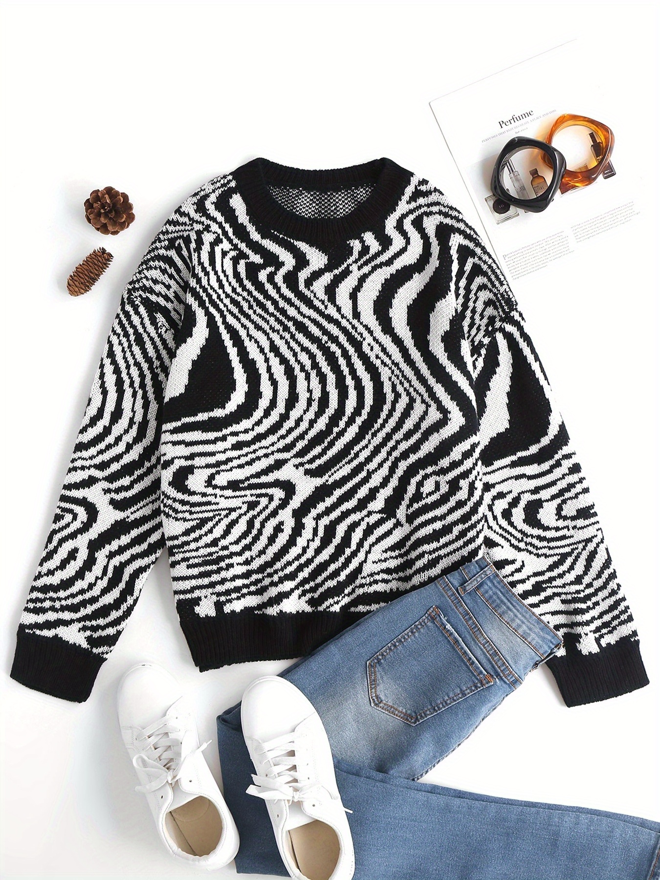 Marble Pattern Crew Neck Pullover Sweater Casual Long Sleeve - Temu ...