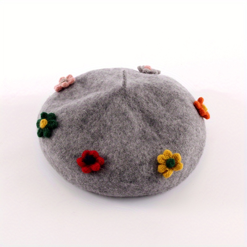 flower decor elegant beret hat cute solid color warm berets - {region_name}