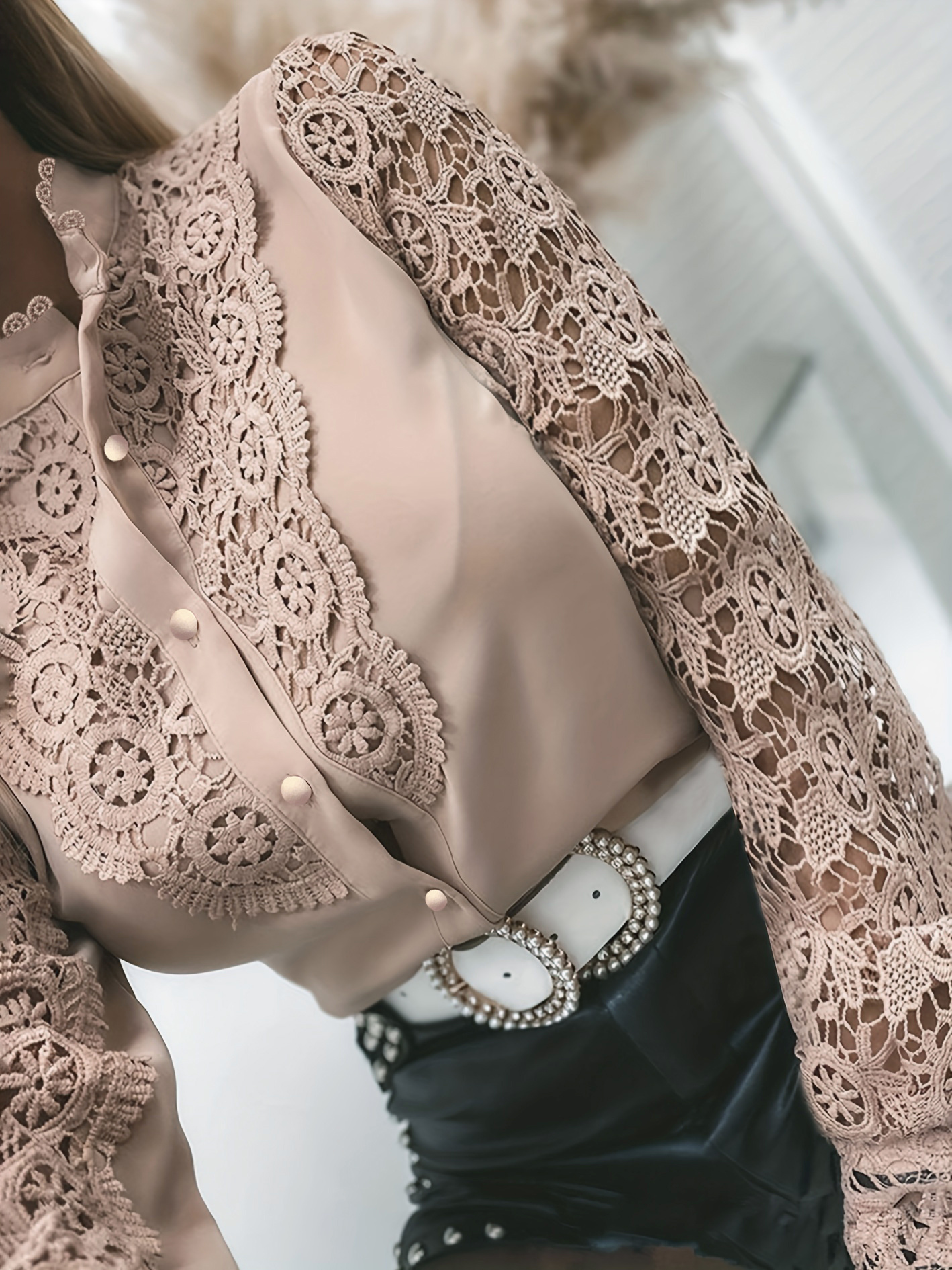 Women's Blouse Lace Crochet Lapel Button Flare Sleeve - Temu
