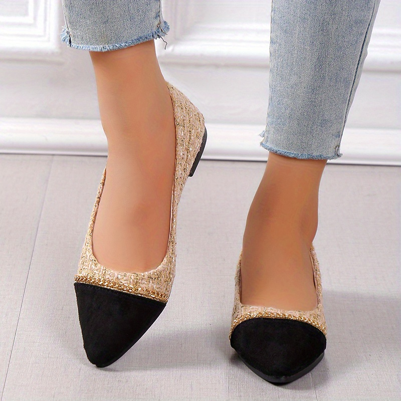 Women's Toe Ballet Flats Chain Decor Pointed Toe Tweed - Temu