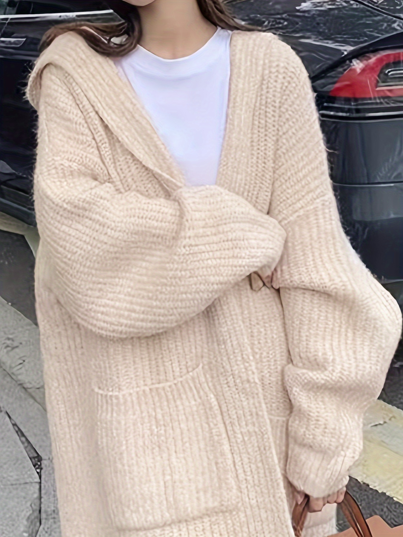 Solid Open Front Hooded Knit Cardigan Elegant Long Sleeve - Temu ...