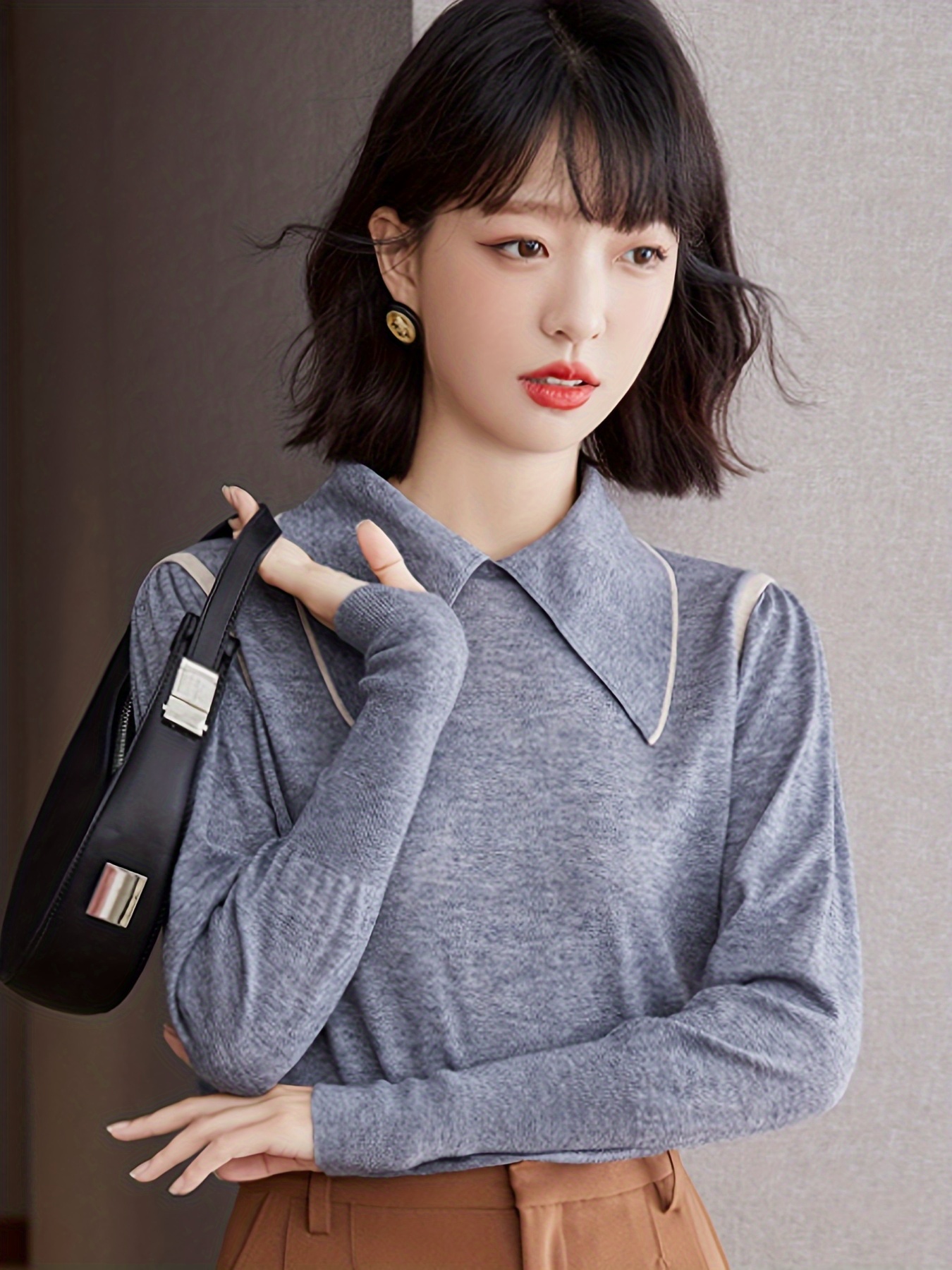 Versatile Collared Knitted Top, Elegant Long Sleeve Daily Sweater For ...