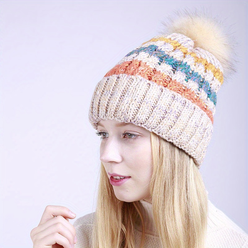 trendy beanie pom vintage color block skull cap elastic - Temu New Zealand