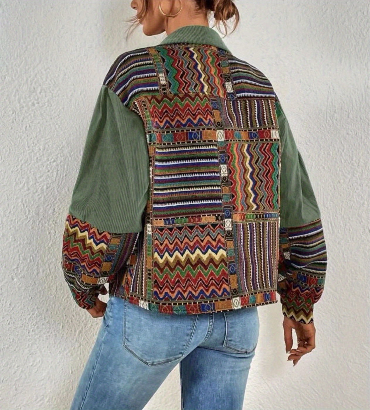 Print Patched Pockets Jacket Ethnic Color Block - Temu Ireland