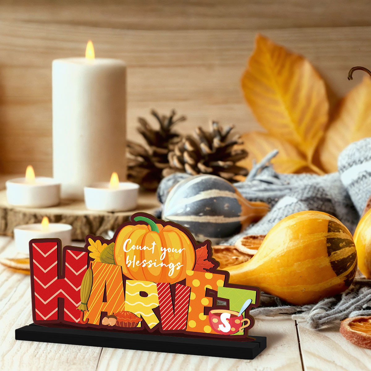 Thanksgiving Harvest Desk Plaque - Count Your Blessings, Autumn Pumpkin ...