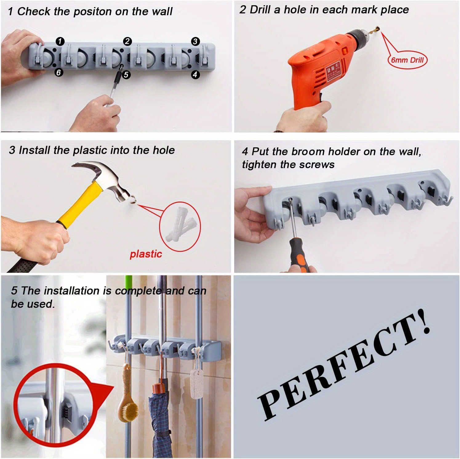 Wall Mounted Mop Broom Holder 5 Slots 6 Hooks - Temu