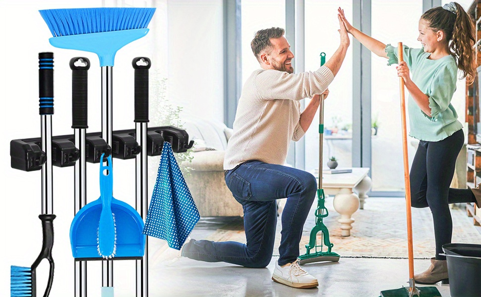 Wall Mounted Mop Broom Holder 5 Slots 6 Hooks - Temu
